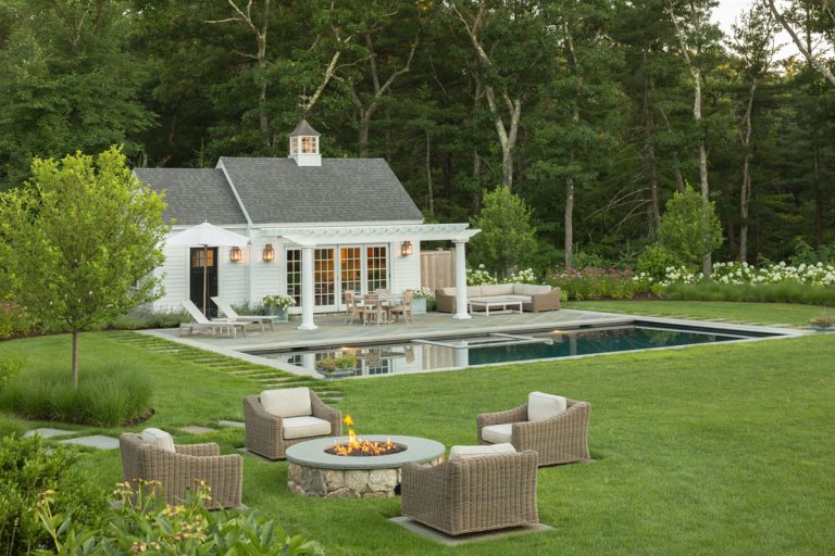 Pool House with Classic New England Style Farmhouse Architecture