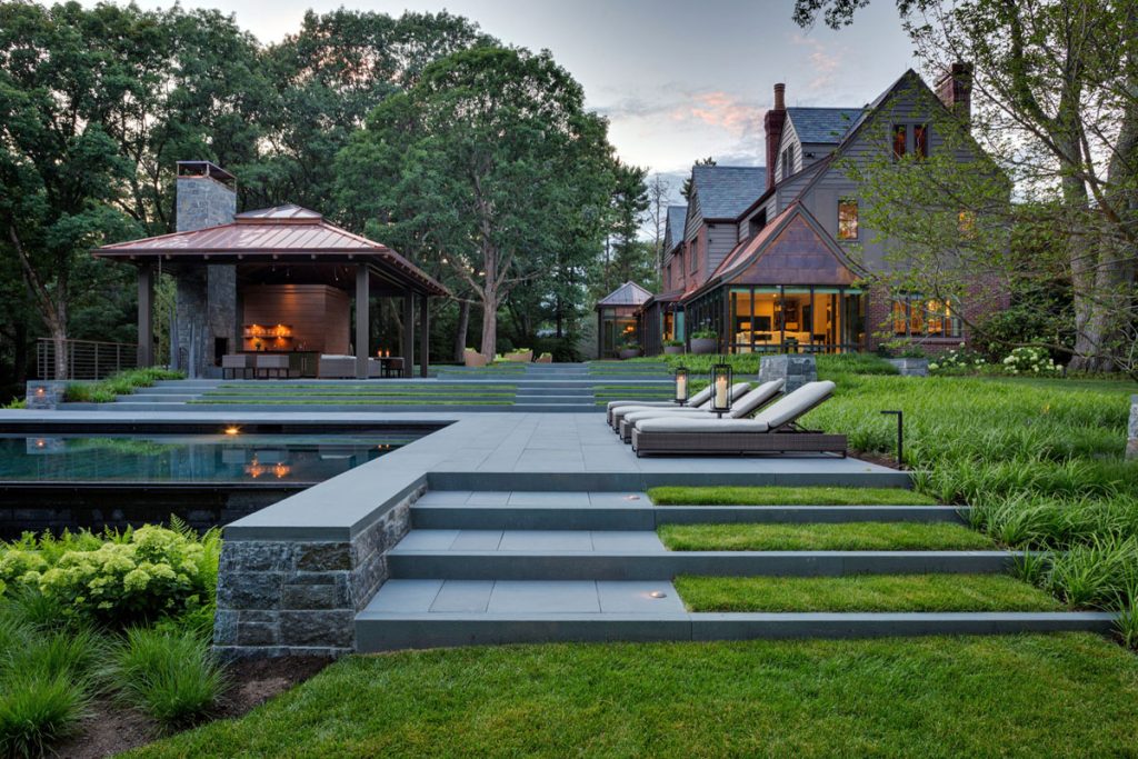 Modern Tudor Revival Estate with Sprawling Terraced Garden